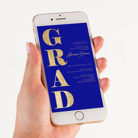Editable Blue and Gold Graduation Party Invitation Evite Text ...