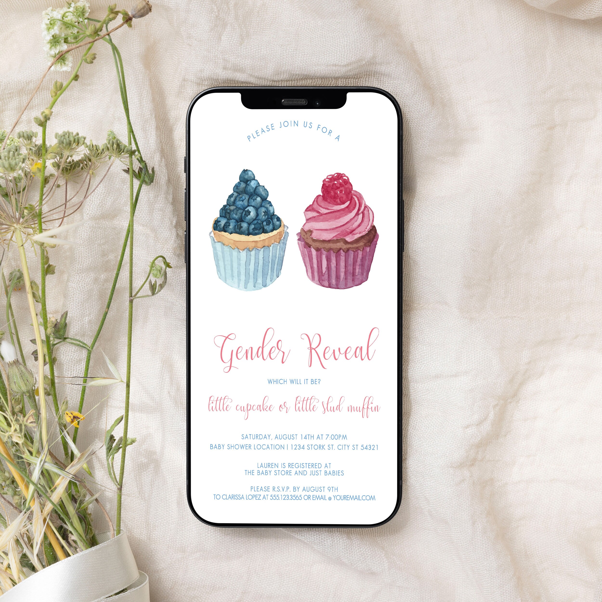 Digital Boy or Girl Gender Reveal Electronic Invitation, Little Cupcake ...