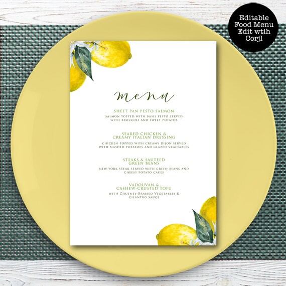 Lemon Food Menu, Lemon Dinner Menu, Food Menu, Dinner Menu, Editable ...