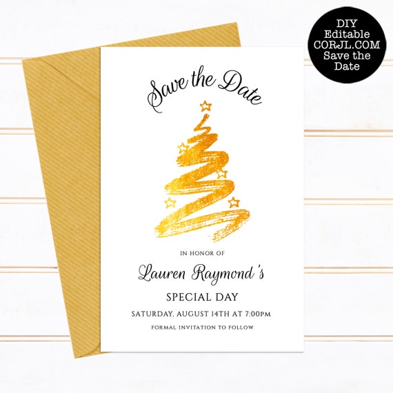 Editable Save the Date Card, Holiday Save the Date, Gold Christmas Tree ...