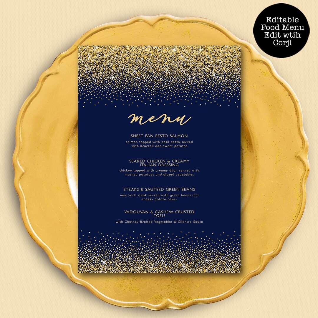 Navy and Gold Glitter Food Menu, Dinner Party Menu, Food Menu, Dinner ...