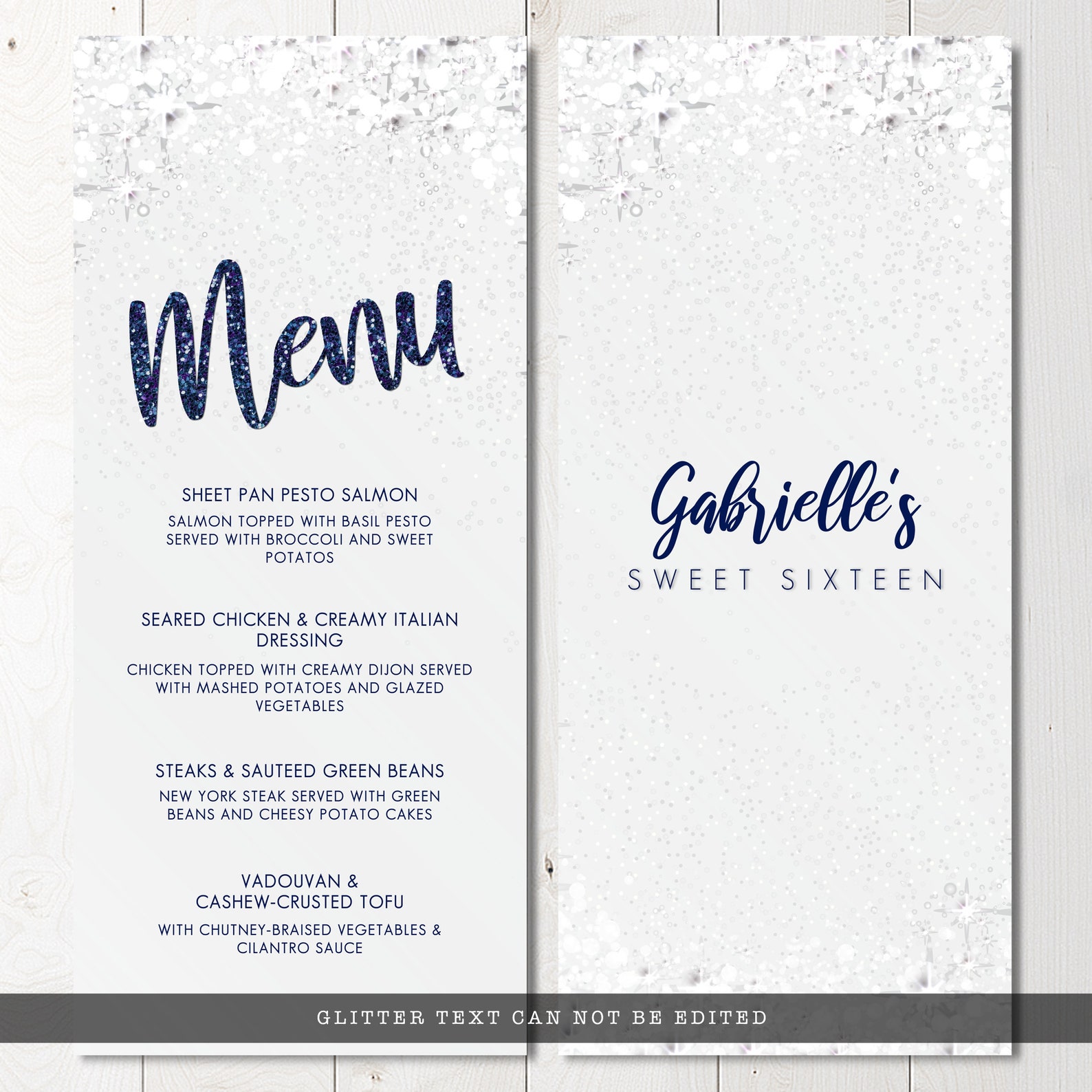 Silver and Blue Glitter Food Menu, Custom Menu, Silver Menu, Dinner ...