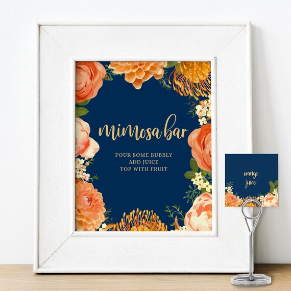 Editable Orange and Navy Floral Mimosa Bar, Printable Juice Labels ...