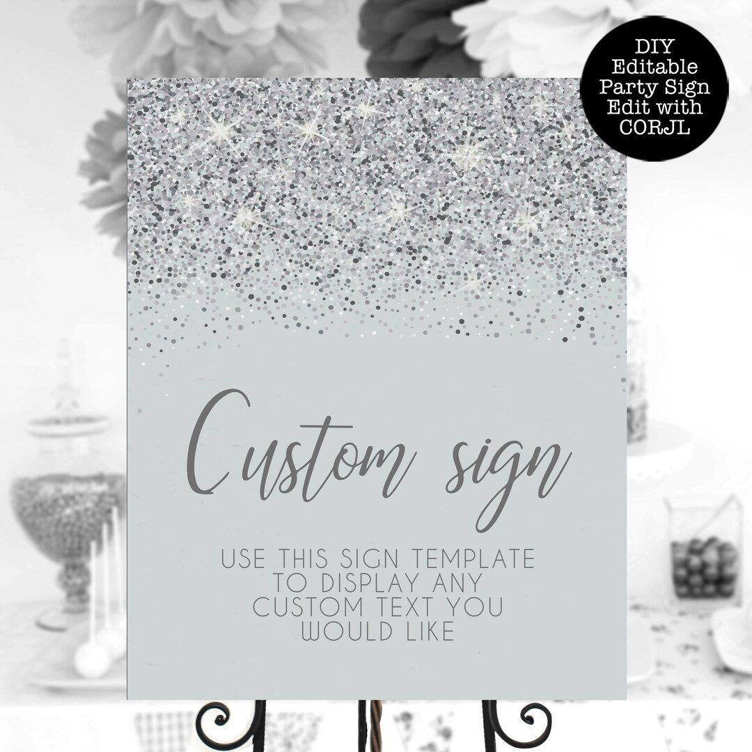 Silver Glitter Custom Sign, Printable Sign, Glitter Party Sign, Custom ...