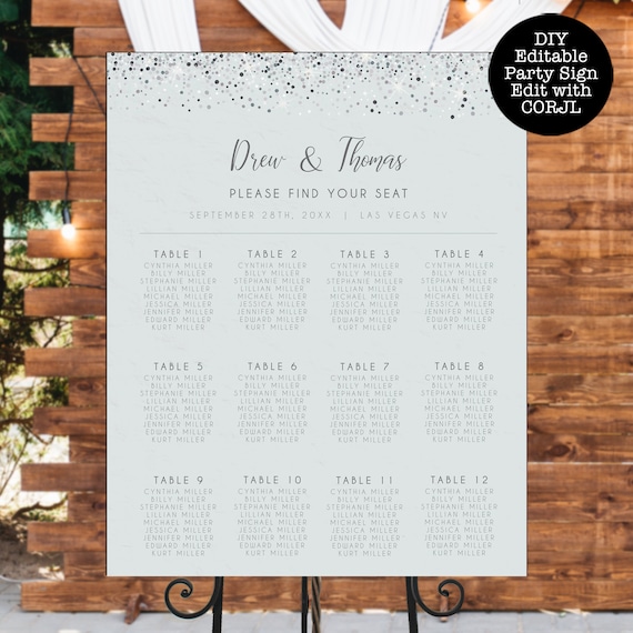 Silver Glitter Custom Seating Chart, Printable Seating Chart Sign ...