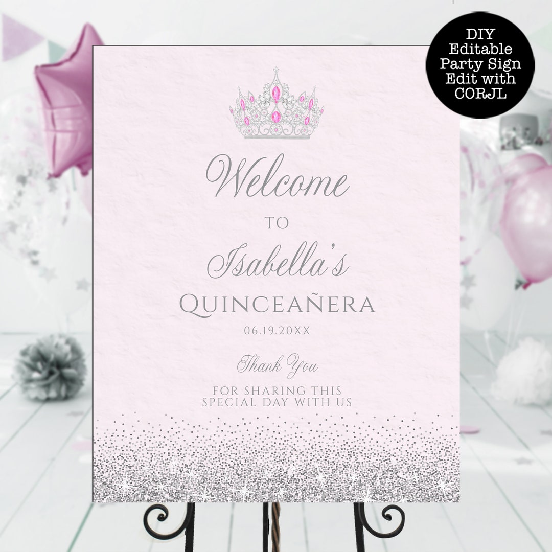 Pink and Silver Welcome Sign, Printable Sign, Pink and Silver Glitter ...
