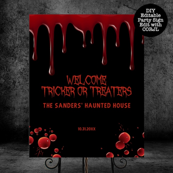 Printable Party Signs, Editable Halloween Welcome Signs, Bloody ...