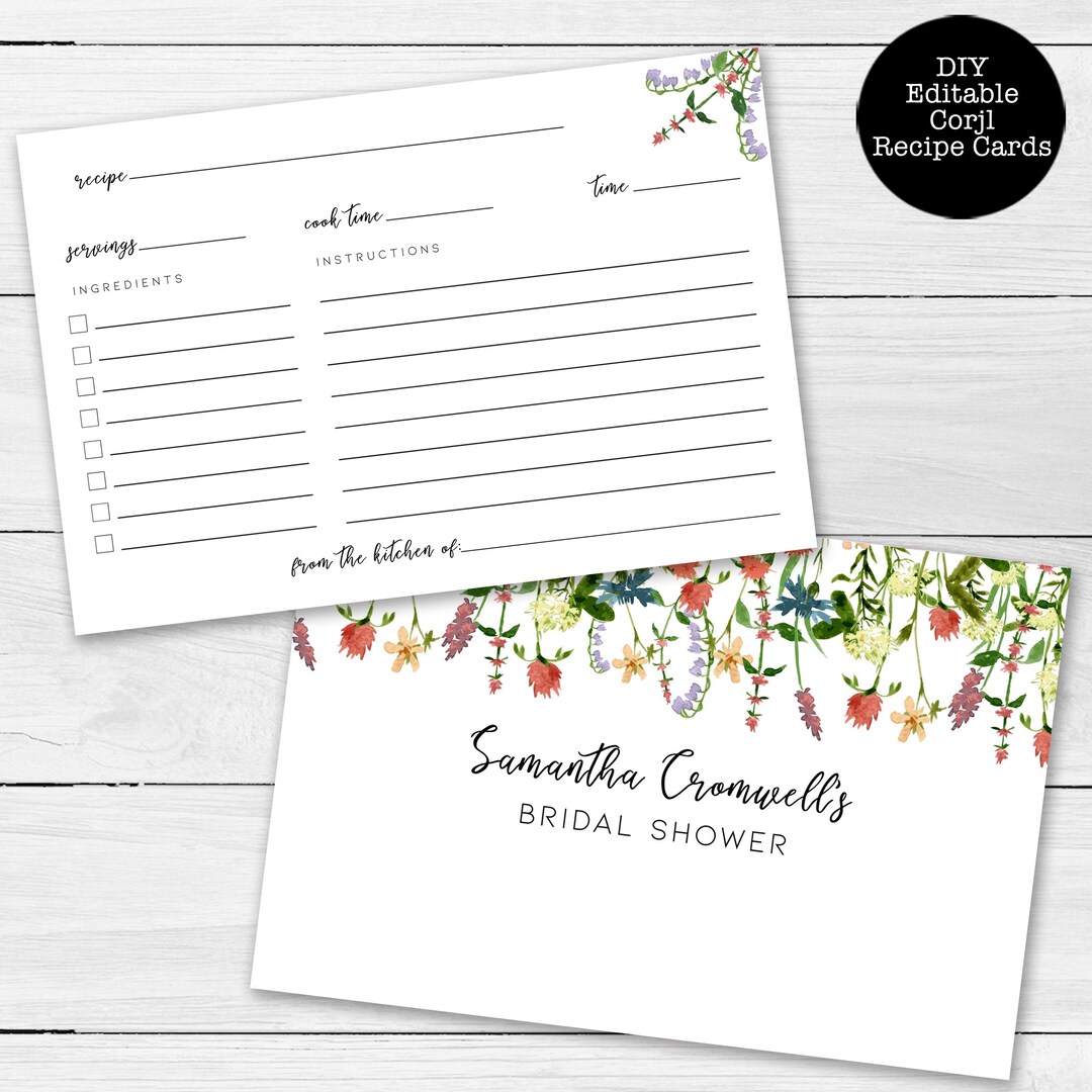 Wildflower Floral Recipe Card, Boho Recipe Card, Corjl Template ...