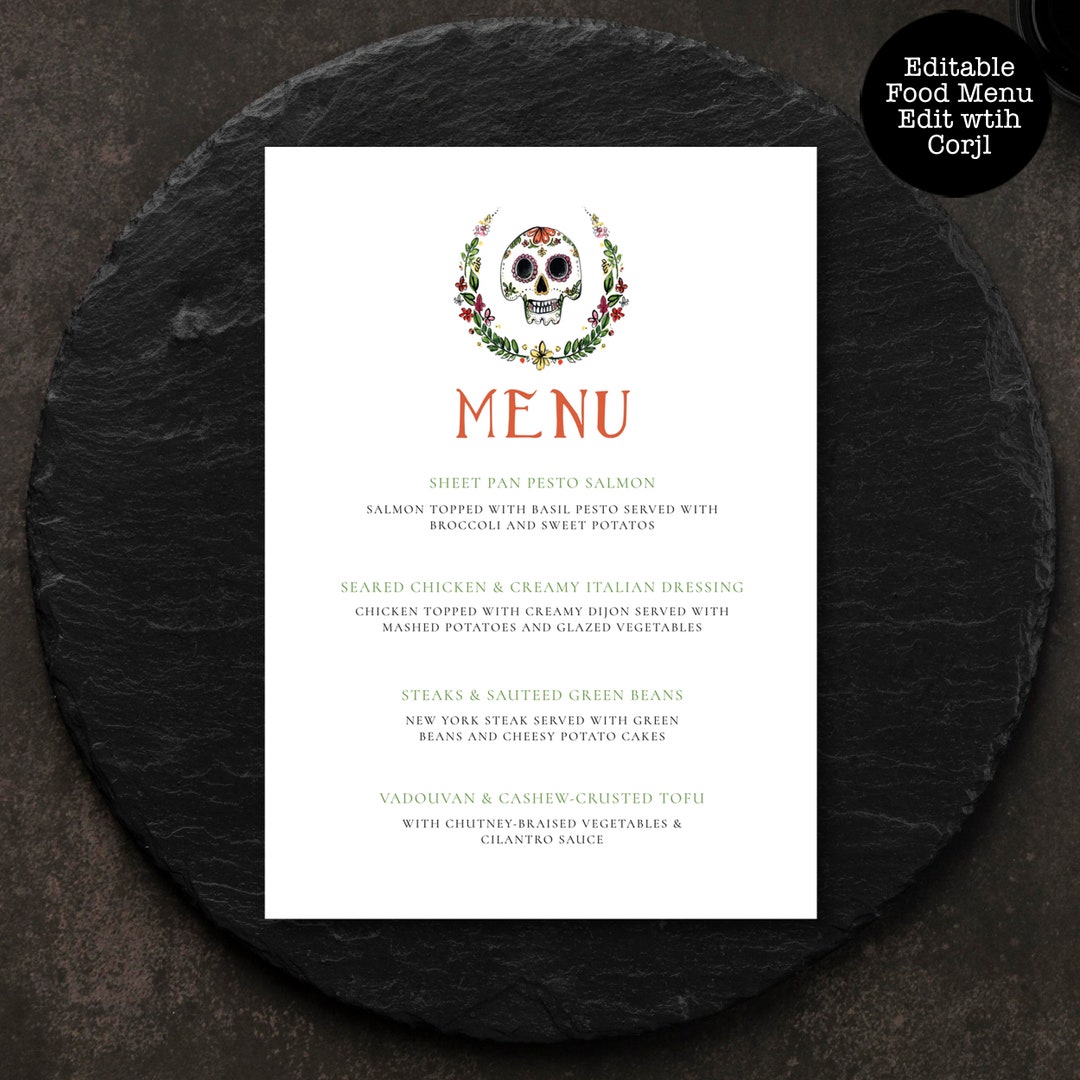 Editable Sugar Skull Food Menu, Halloween Menu, Custom Dinner Menu ...