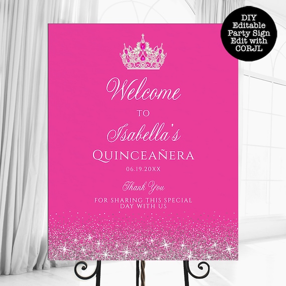 Hot Pink and Silver Welcome Sign, Printable Sign, Pink Glitter Signs ...