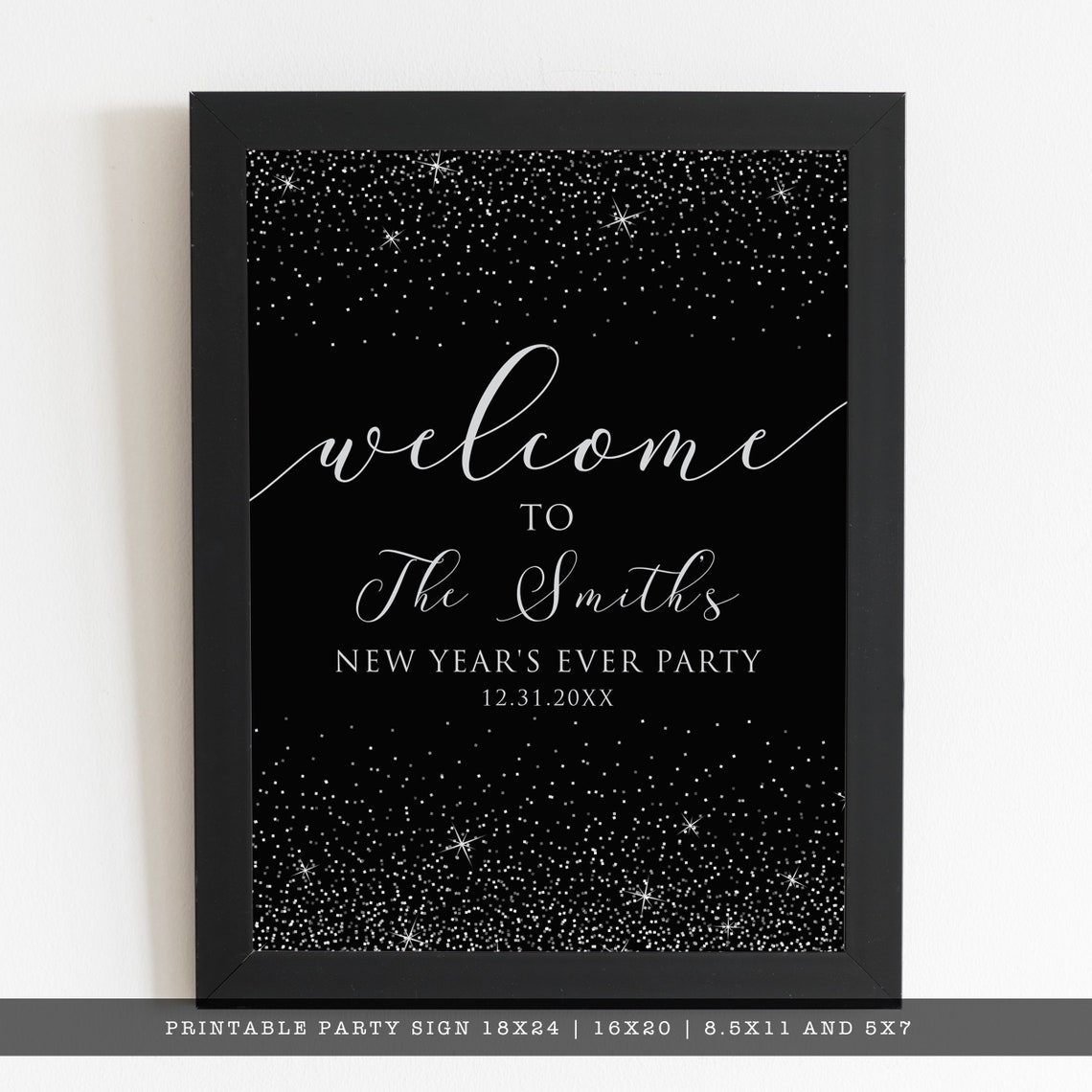 Black and Silver Glitter Party Sign Printable Welcome Sign | Etsy