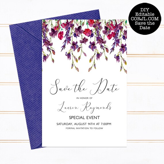 Editable Save the Date Cards, Purple Floral Save the Date, Event ...