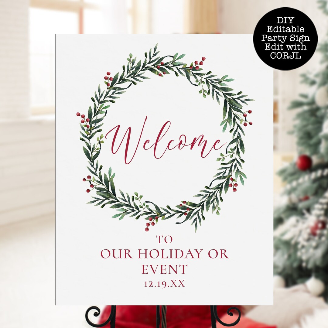 Christmas Wreath Welcome Signs, Corjl Template, Holiday Party Sign ...