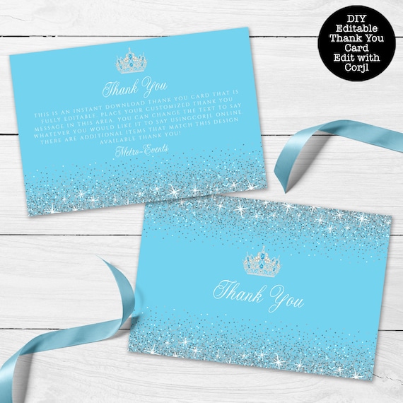 Baby Blue and Silver Thank You Card, Blue Thank You Card, Custom Thank ...