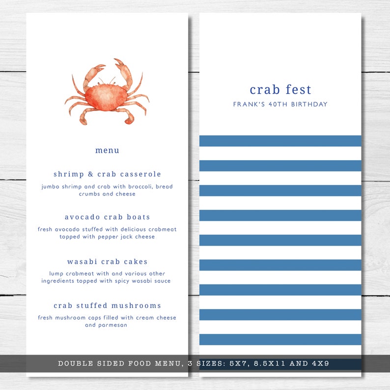Crab Fest Food Menu: Beach Party Dinner, Editable Template (instant ...