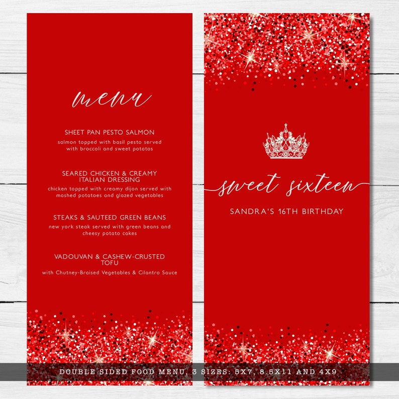 Red Glitter Food Menu Dinner Party Menu Food Menu Dinner | Etsy