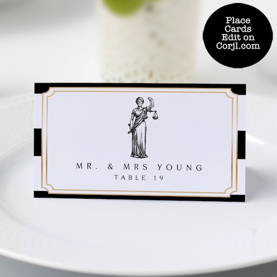 Judge Themed Place Card, White and Black Table Cards, Corjl Template ...