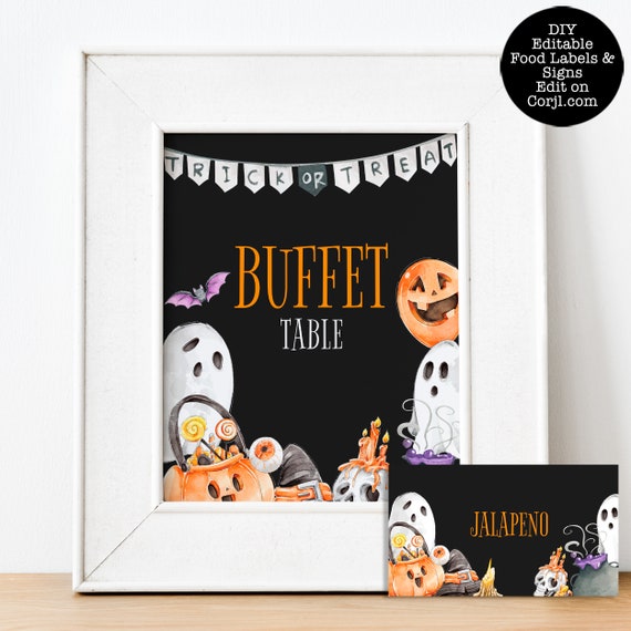 Editable Trick or Treat Halloween Party Sign, Custom Food Label ...