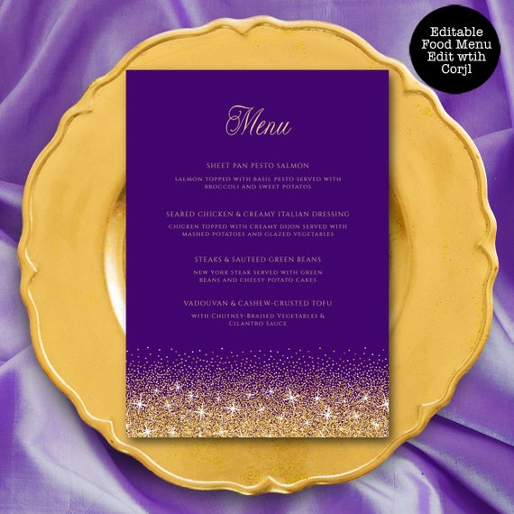 Purple and Gold Food Menu, Custom Menu, Gold Food Menu, Dinner Menu ...