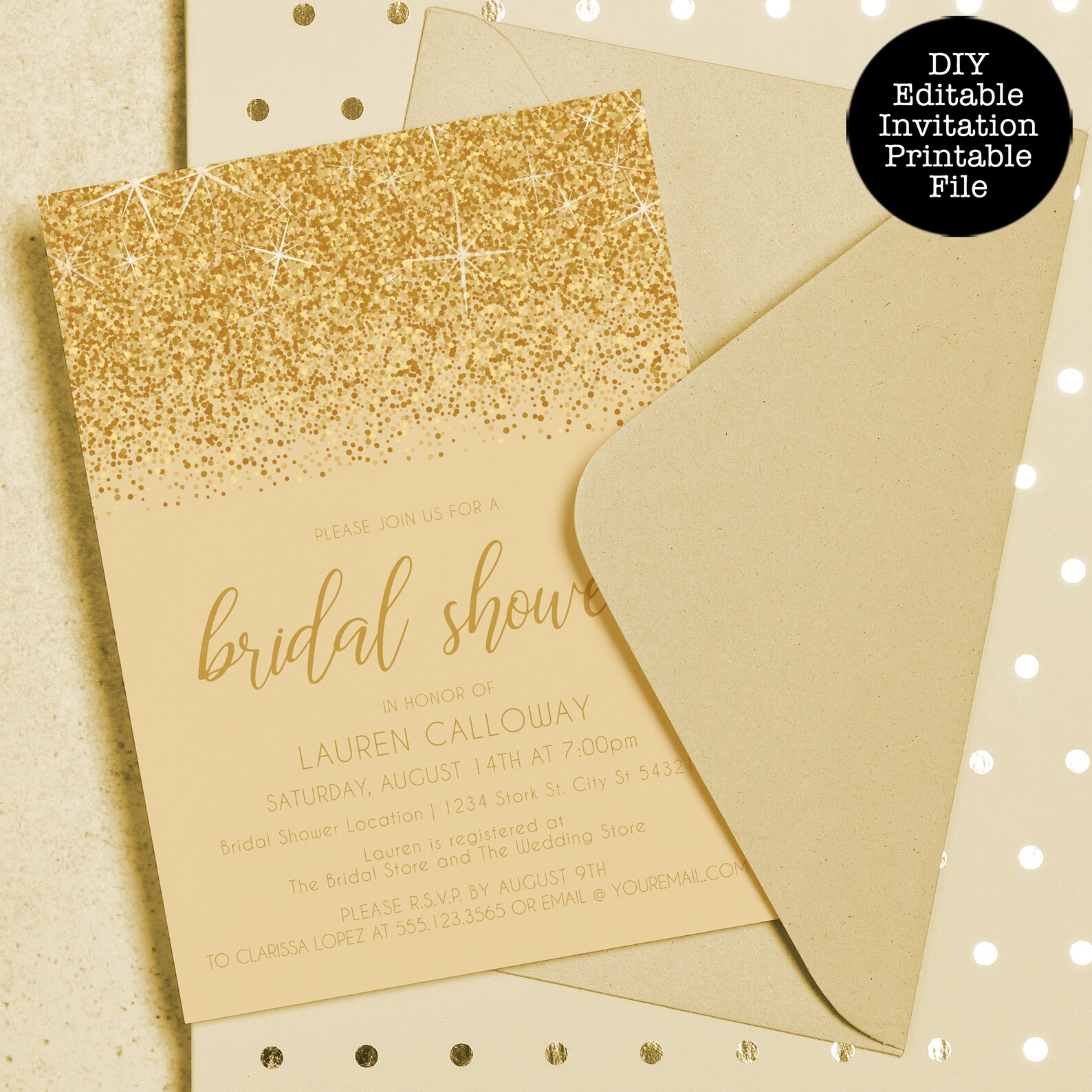 Gold Glitter Invitations, Gold Bridal Invitation, Gold Glitter ...