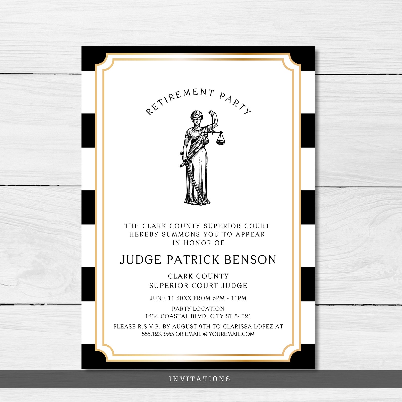 Judge Retirement Party Invitations: Lady Justice Design (instant ...