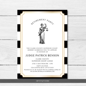 Judge Retirement Party Invitations: Lady Justice Design (instant ...