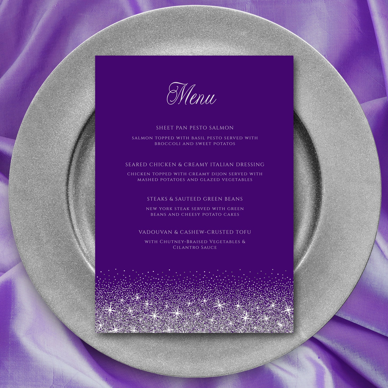 Purple and Silver Glitter Food Menu Purple Dinner Menu Food | Etsy