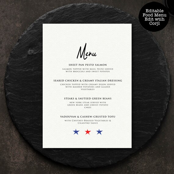American Flag Food Menu, Red and Blue Dinner Menu, Dinner Menu ...