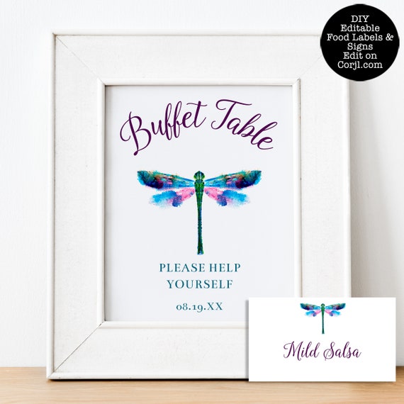 Editable Dragonfly Themed Food Label, Printable Labels, Custom Buffet ...