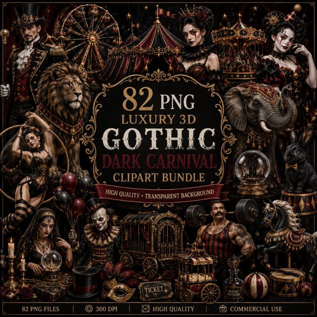 Gothic Dark Carnival Clipart Bundle, Luxury 3D Circus Characters ...