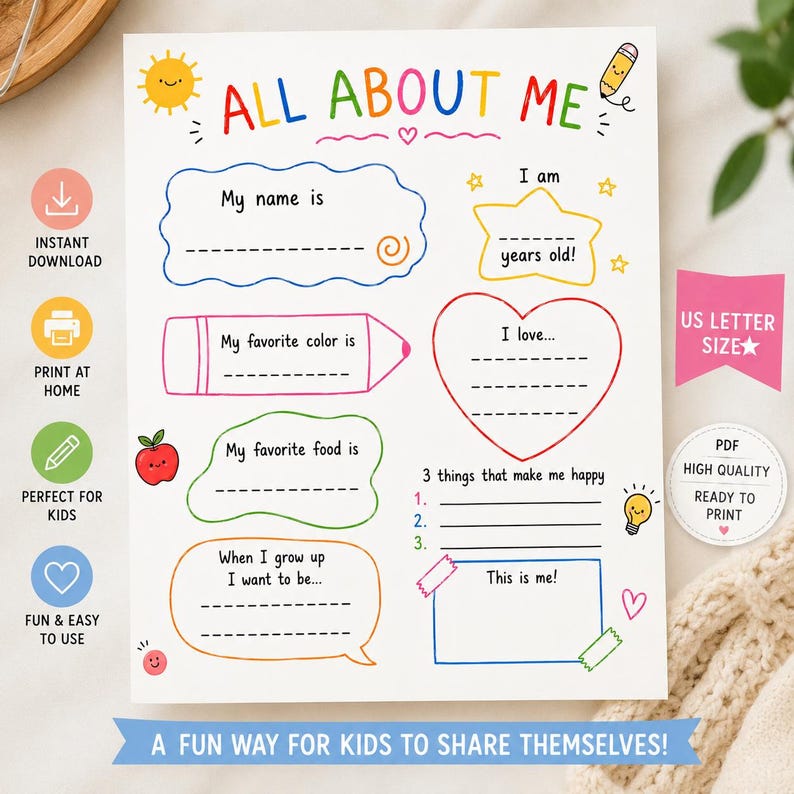 All About Me Worksheet Printable, Back to School Activity for Kids ...