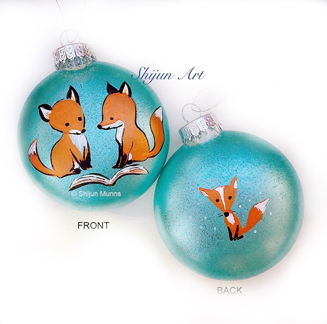 Red Fox Christmas Ornament, Blue Flat Hand Painted Glass Ornament ...