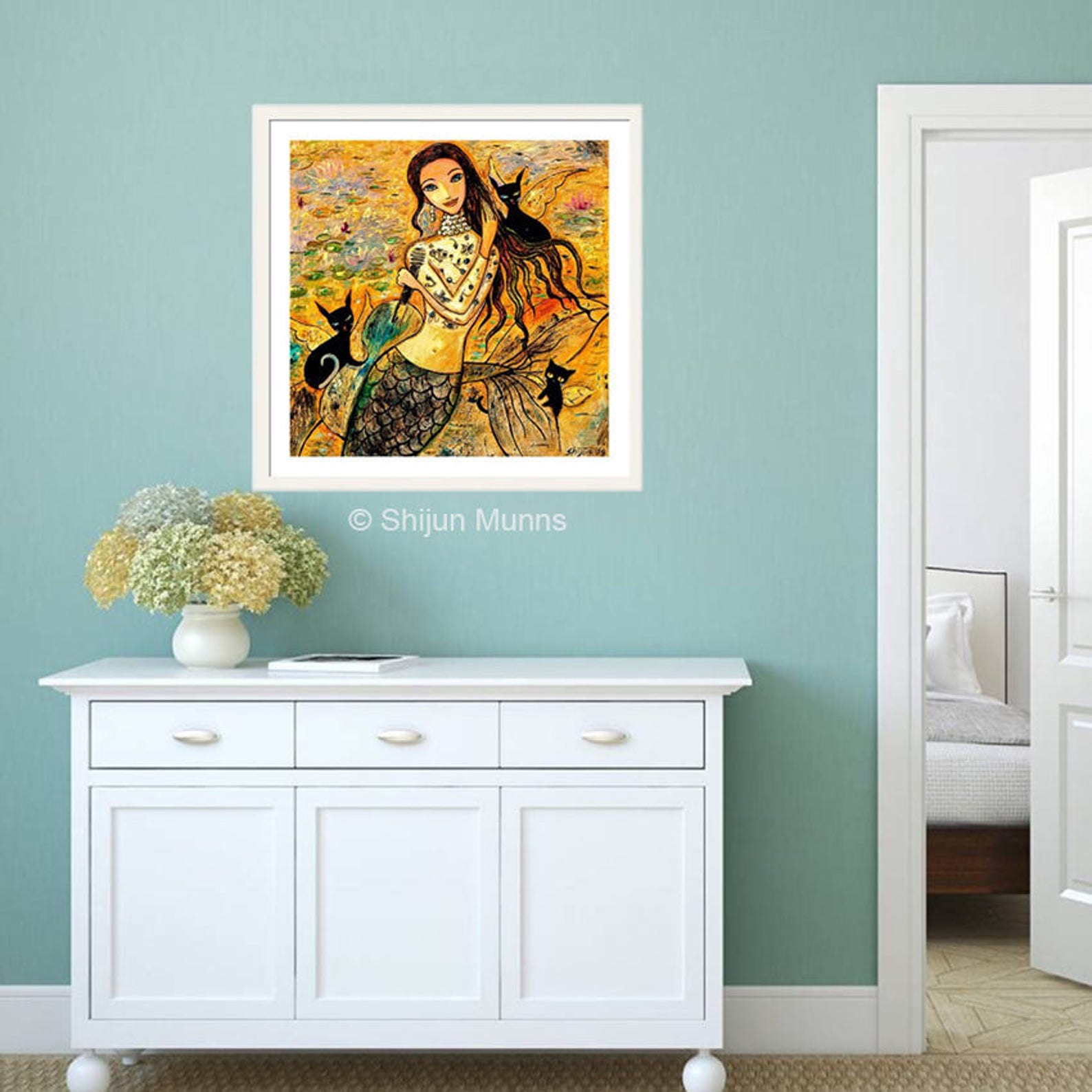 Mermaid Art Print: Lotus Pool Mermaid-golden Giclee Print by Shijun ...