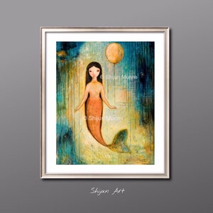 Mermaid Art Print, Mermaid With Balloon, Blue Giclee Prints by Shijun ...