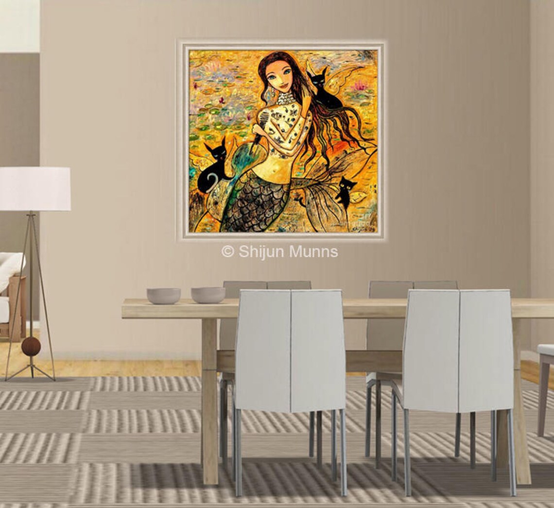 Mermaid Art Print: Lotus Pool Mermaid-golden Giclee Print by Shijun ...