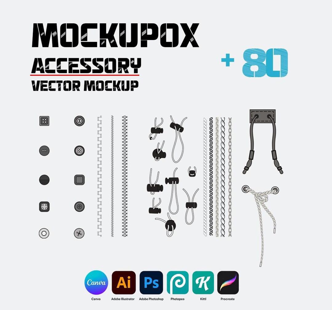 MOCKUPOX Vector Accessory Mockup Pack: Buttons, Cords, Chains (digital ...