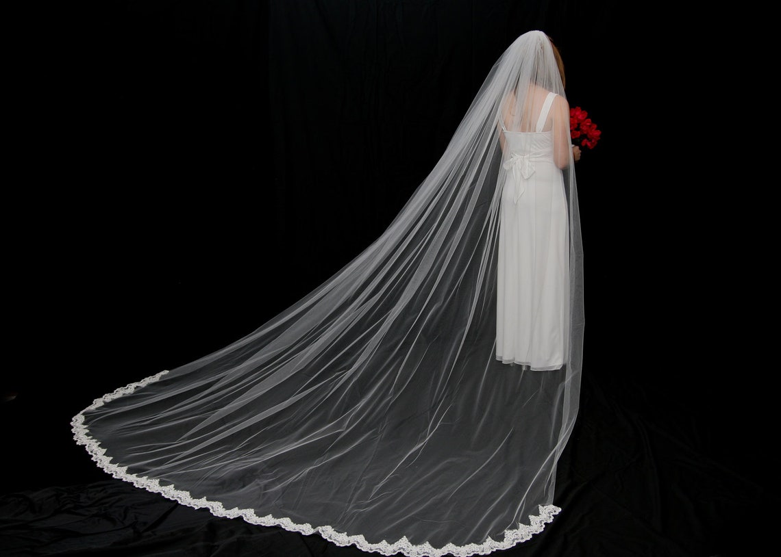 10' Long Cathedral Veil With Lace Trim - Etsy