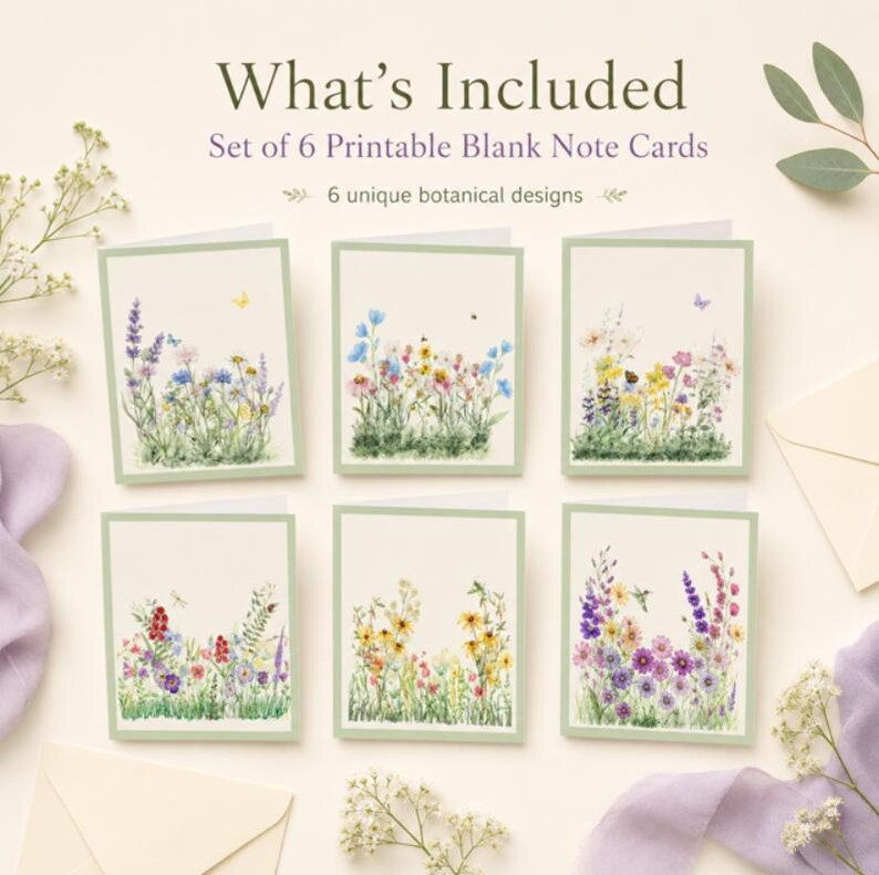 Wildflower Digital Download Note Cards | Printable Set of 6 Blank ...