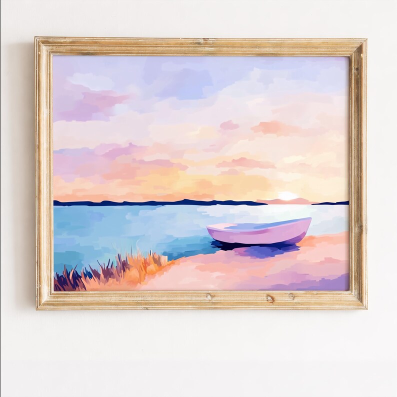 Pastel Sunset Rowboat Shore Printable Wall Art, Dreamy Watercolor ...