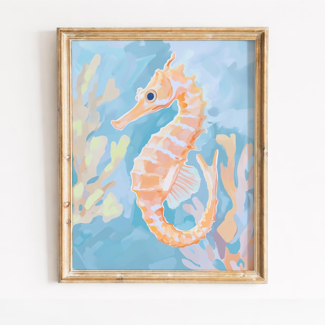 Pastel Seahorse Printable Wall Art, Soft Blue Coral Digital Download ...