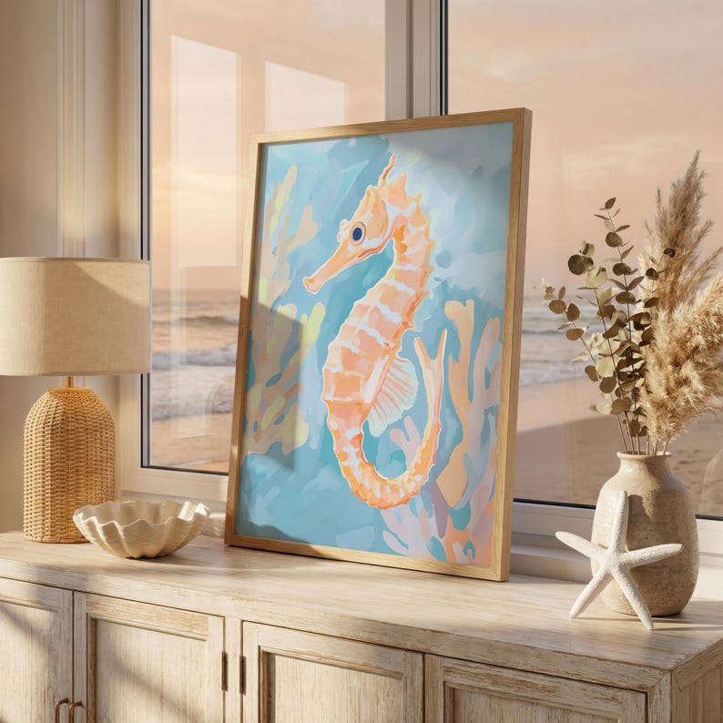 Pastel Seahorse Printable Wall Art, Soft Blue Coral Digital Download ...