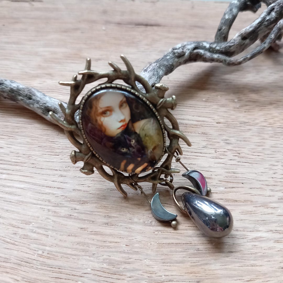 Gothic Vampire Brooch, Black Moon, Girl With Black Cat - Etsy