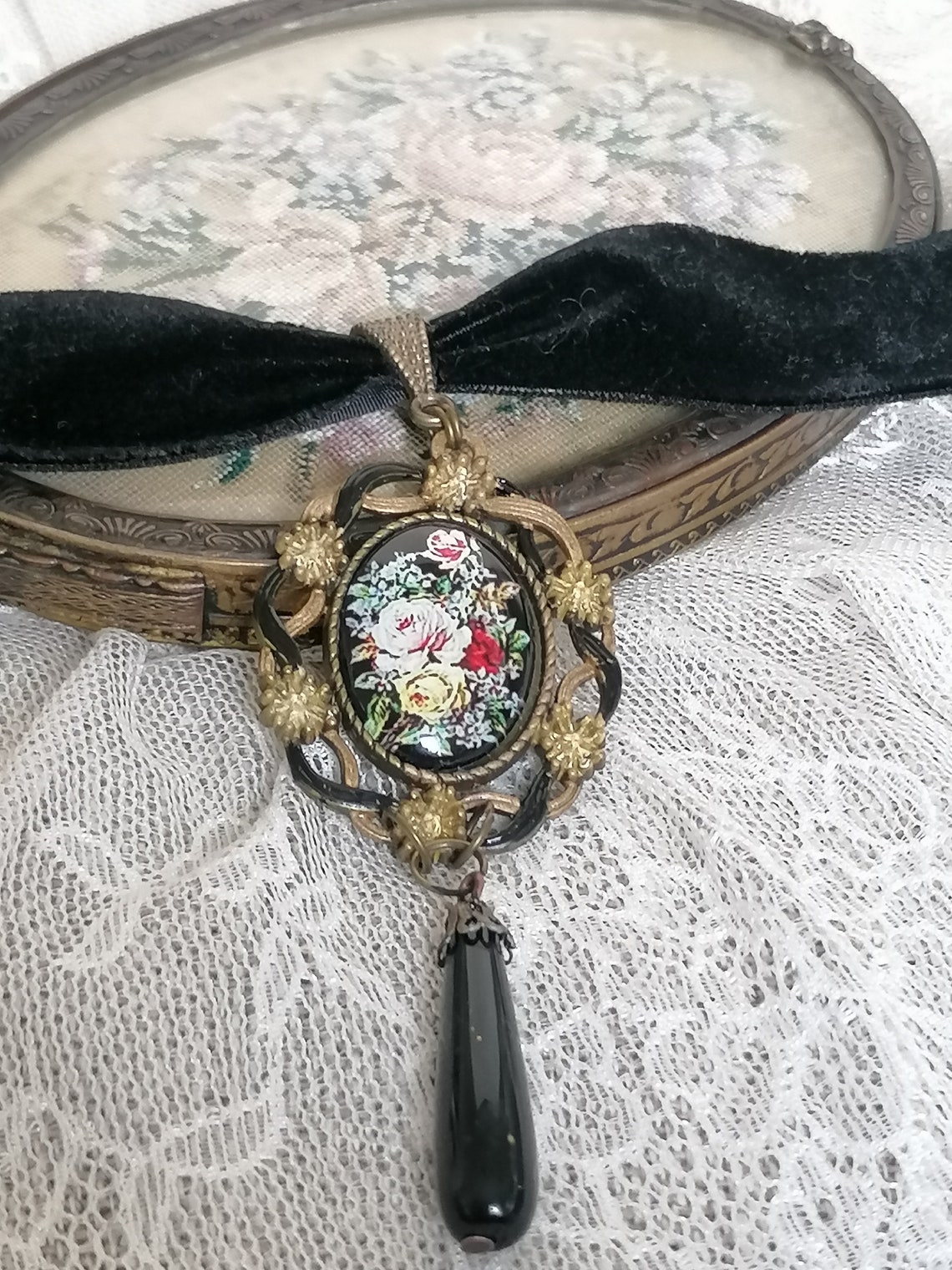 Victorian Gothic Hand Painted Rose Cameogothic Black Velvet - Etsy