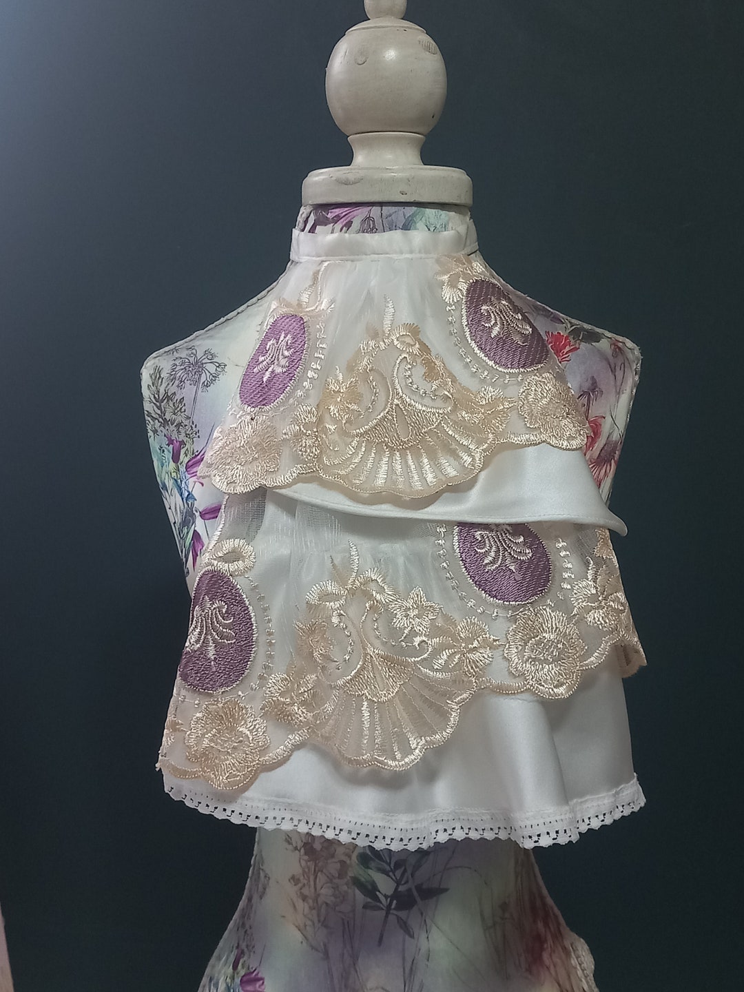 White Satin Jabbot,purple and Creamy Lace Ruffle Jabot, Renaissance ...