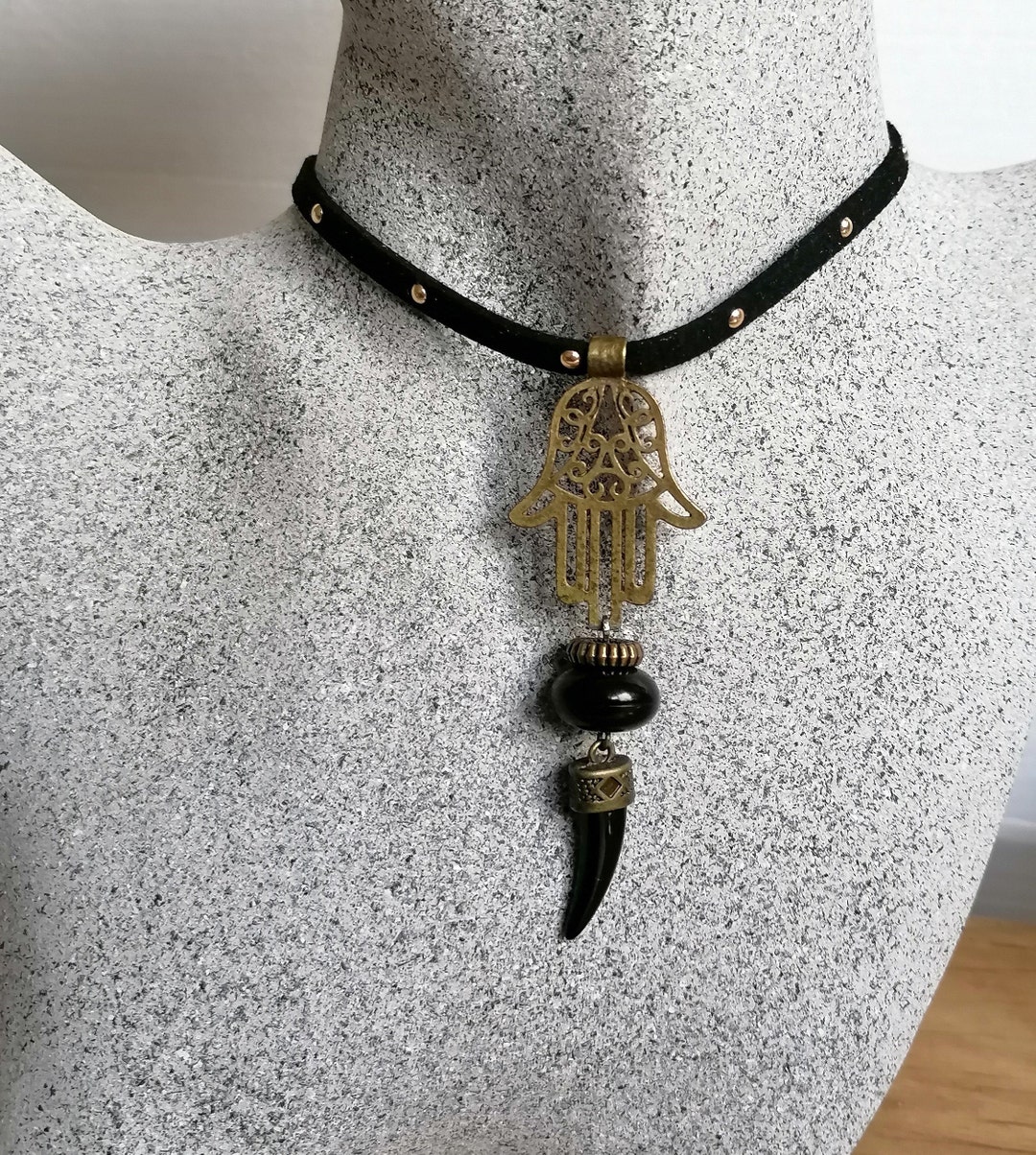 Black Leather Choker, Choker With Wolf Tusk Pendant, Hamsa Hand Choker ...
