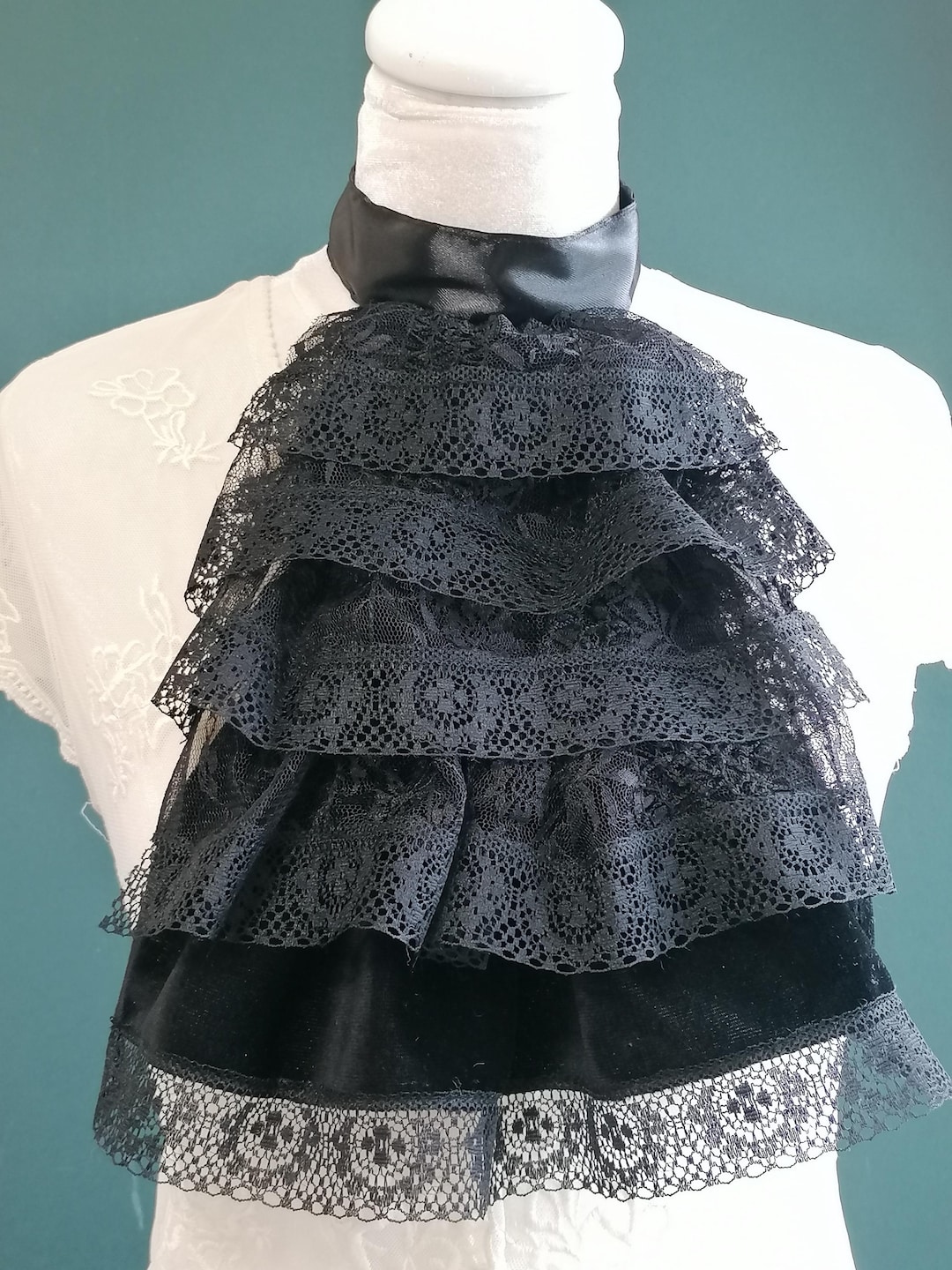 Gothic Black Ruffle Lace Jabot, Black Velvet Vampire Jabot, Victorian ...