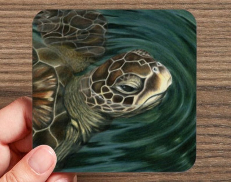 Sea Turtle Coaster SET of 4, Personalized Coasters, Sea Turtle Art, Sea ...