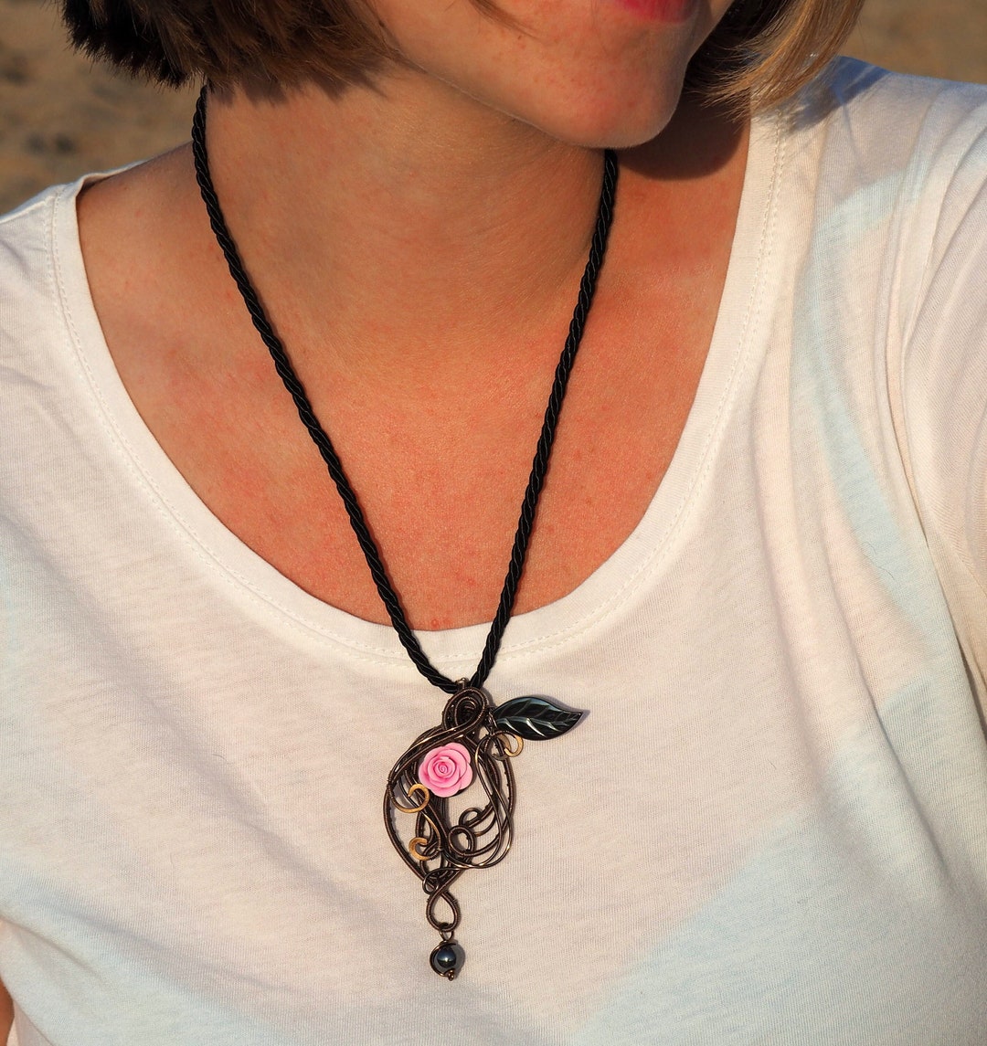 Pink Rose Wire Wrapped Pendant Floral Necklace Romantic - Etsy