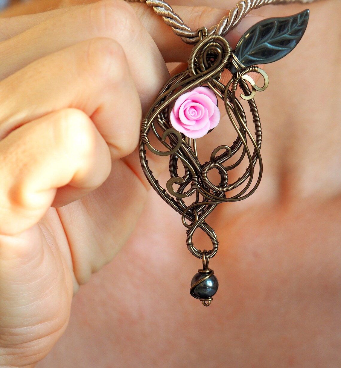 Pink Rose Wire Wrapped Pendant Floral Necklace Romantic | Etsy