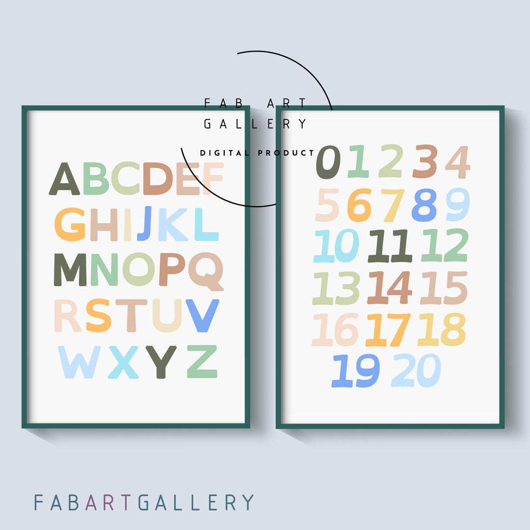Set of 2 Learning Posters, Pastel Colors Alphabet and Numbers, Kid's ...